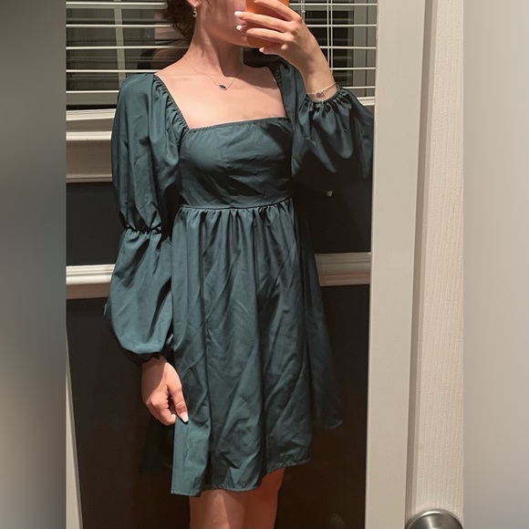 Dresses | Dark Green Poofy Short Dress With Puffed Sleeves | Poshmark